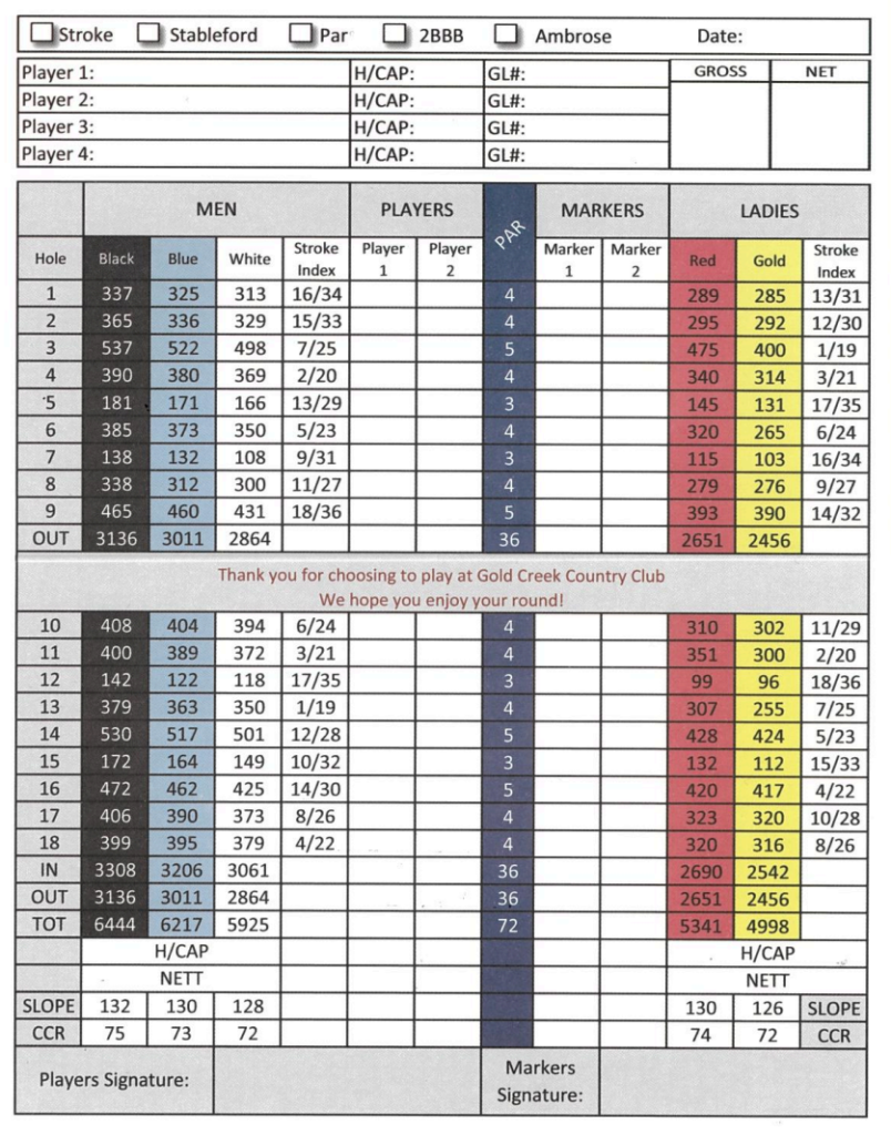 Scorecard – Gold Creek Country Club
